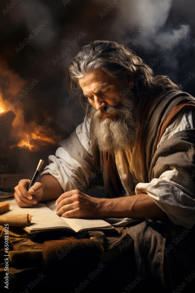 Apostle John imprisoned on the island of Patmos writing the book of ...