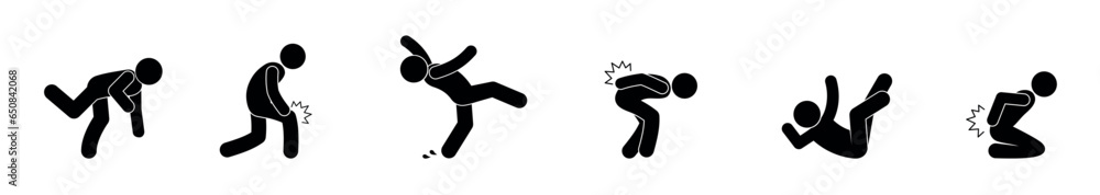 fall and injury illustration, stick figure man icon, isolated pictogram ...