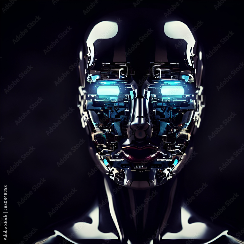 Futuristic Collage of Female Woman Android Humanoid Wire Frame Cyborg Robot Invention Face w ...