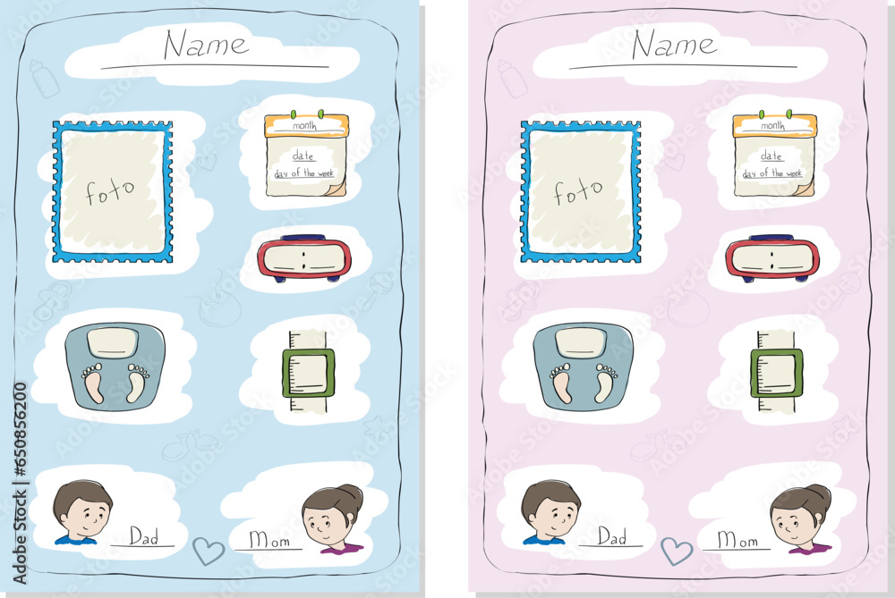 Vector baby birth cards for boy and girl with height, weight and date ...