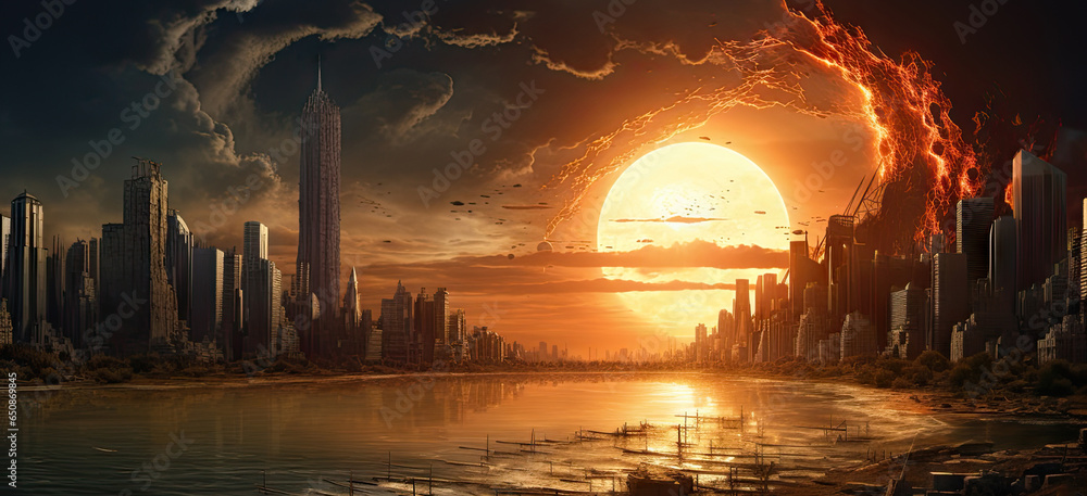 Post-apocalyptic abandoned city. Destroyed buildings, burning rubble ...