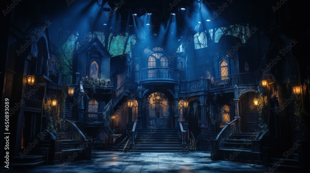 Haunted house or old mansion exterior theater set with scenic elements ...