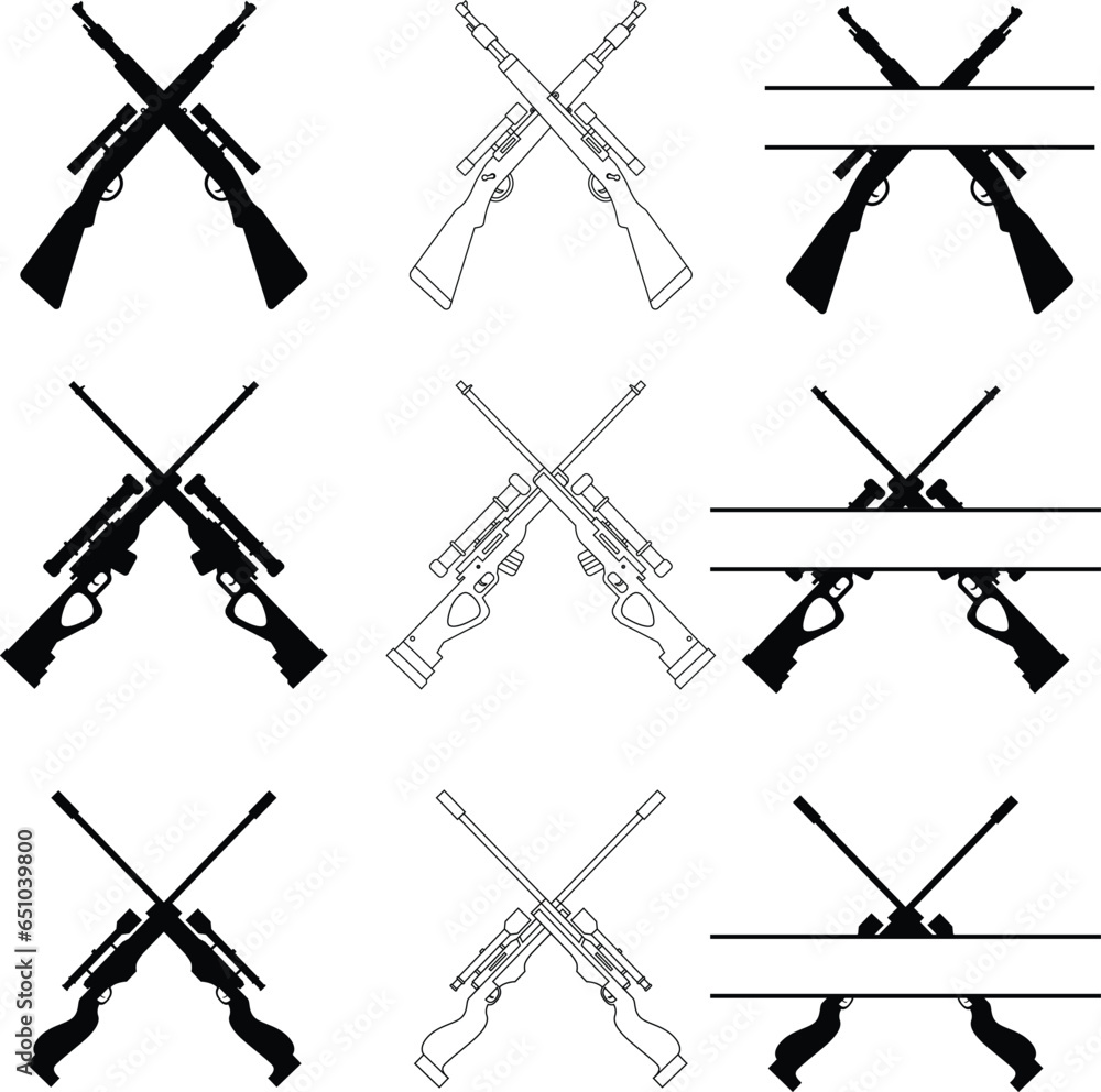 Set of crossed sniper rifle gun vector illustration. Black and white ...