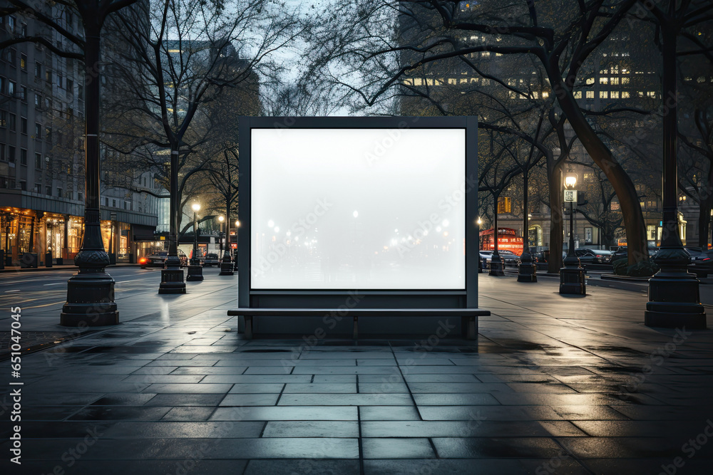 Brightly lit blank billboard stands out from the downtown area around ...