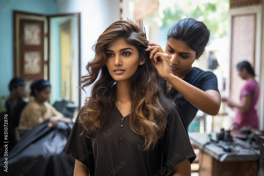 Young woman hair dressing from hairstylist at parlor. Stock Photo ...