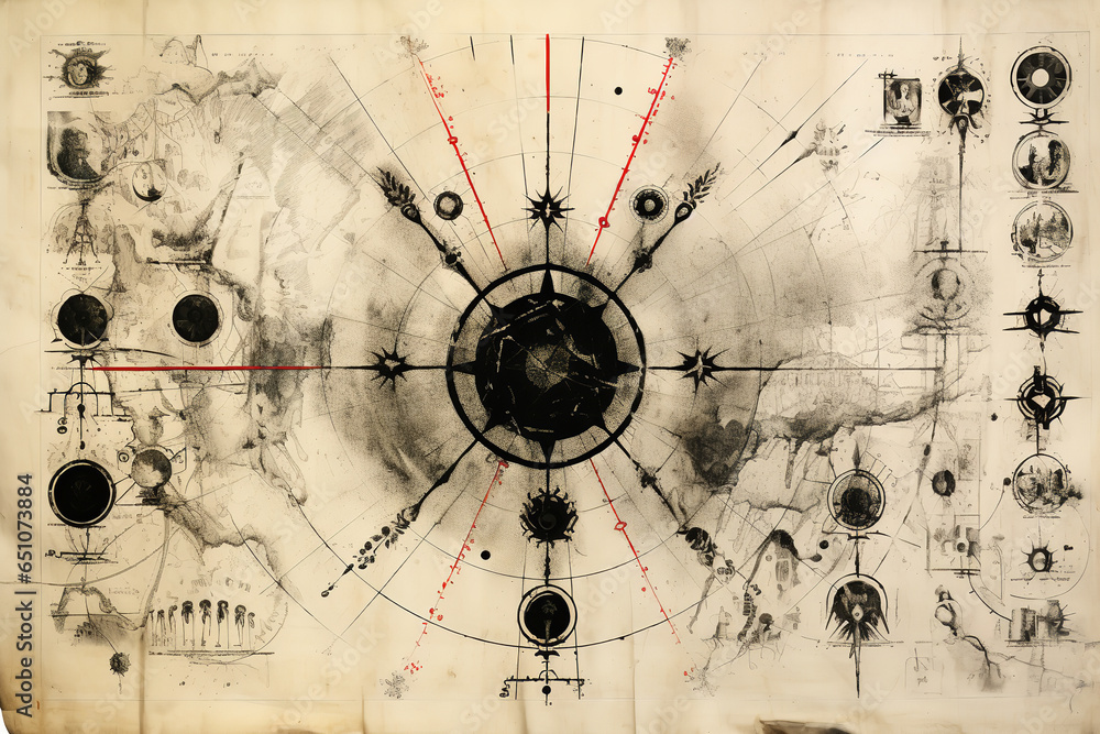 Strange, cryptic symbols are marked on an old, tattered map, suggesting ...
