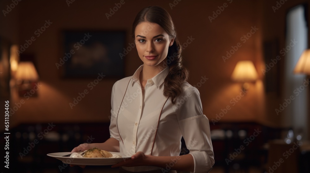 Waitress in uniform delivering tray with food in a room of hotel ...