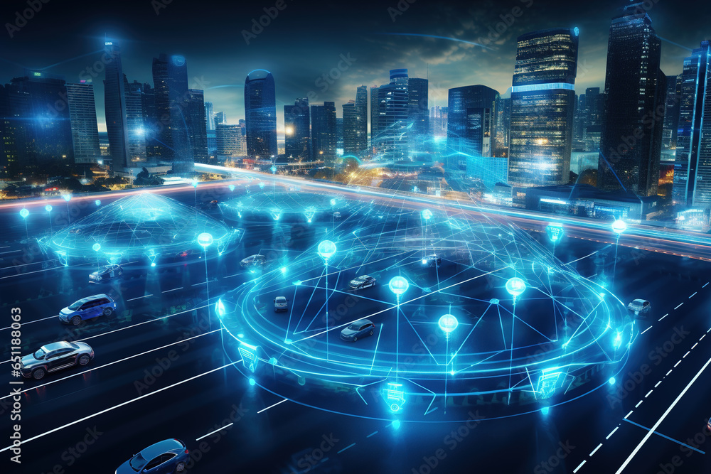 roads in a futuristic city with autonomous vehicles, tracking system ...
