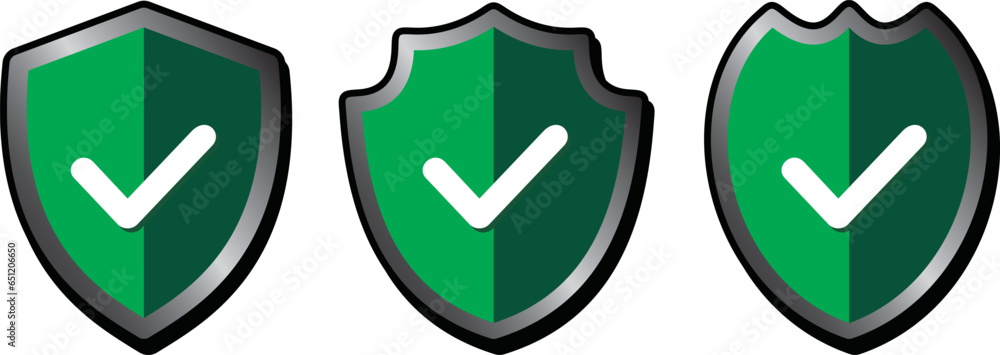 Shields and check marks icons set. Green shield with check mark. Protection, safety, security ...