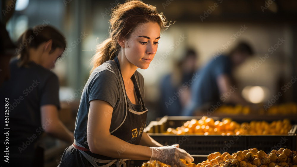 Smiling young female sorter working on citrus sorting line in ...