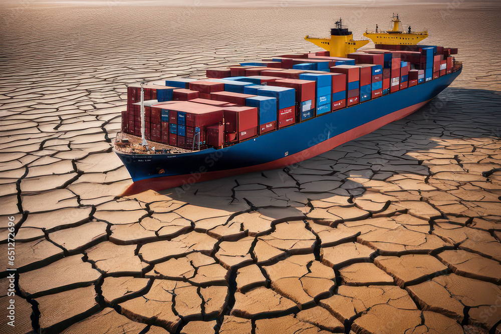 Broken container ship on dry and cracked ground, worldwide severe ...