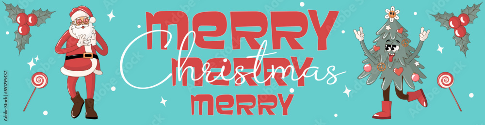 Retro Groovy Merry Christmas and Happy New year hand drawn banner with ...