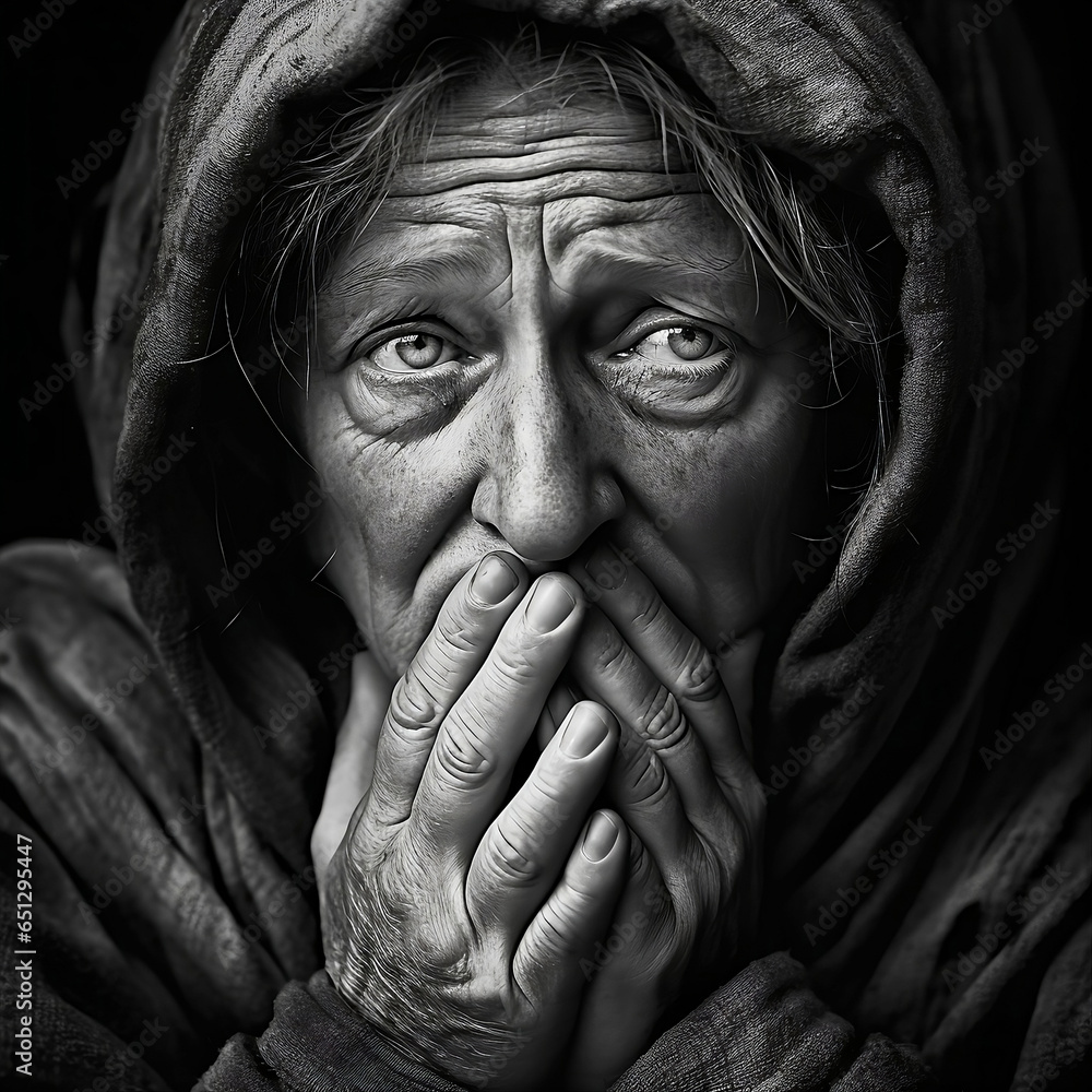 Foto de Stock Anciana triste encapuchada cubriéndose el rostro y poniéndose las manos en la boca ...