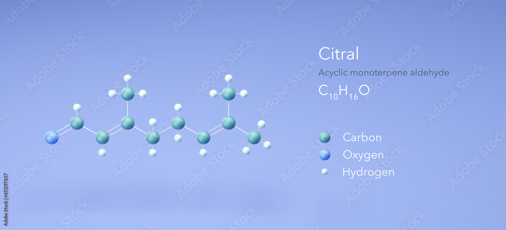 citral molecule, molecular structures, acyclic monoterpene aldehyde, 3d ...
