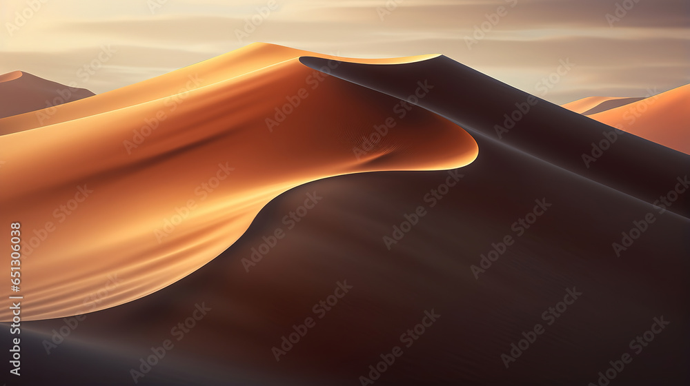An otherworldly desert landscape with towering sand dunes, casting ...