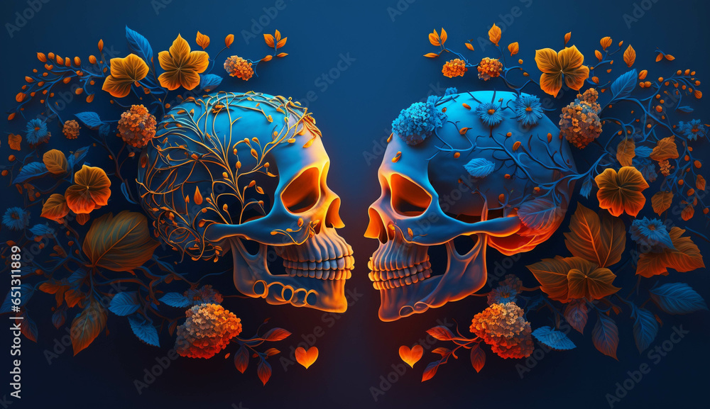 An illustration of eternal love. Two Calaveras on dark blue background ...