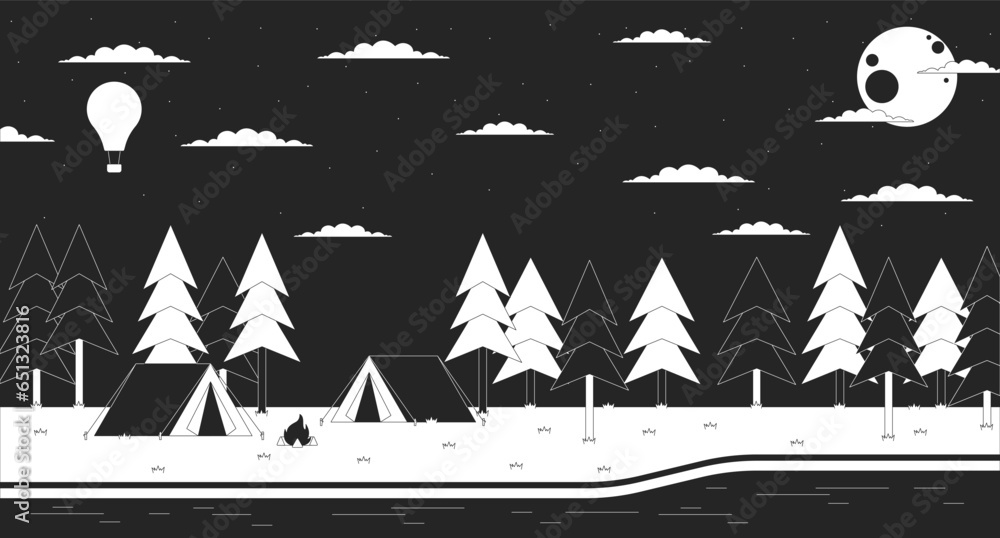 Campground nature at night outline 2D cartoon background. Full moon ...