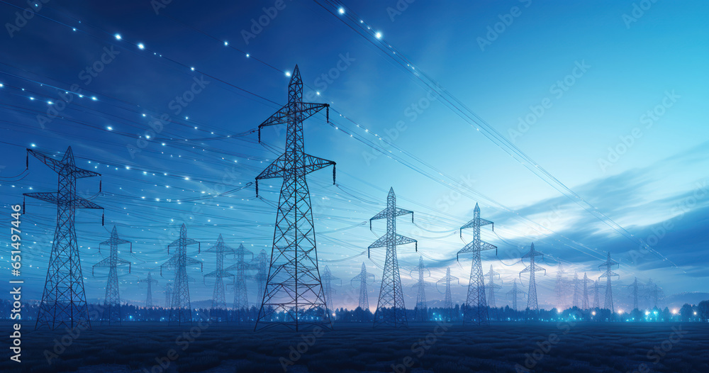 Electrical pylons with smart grid technology installed Stock ...