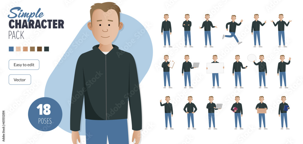 Simple flat 2d male vector character in a set of multiple poses. Easy ...