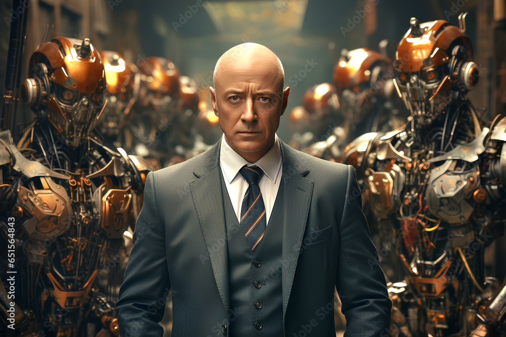 AI robots standing in big hall. Robots replacing humans. Unemployment ...