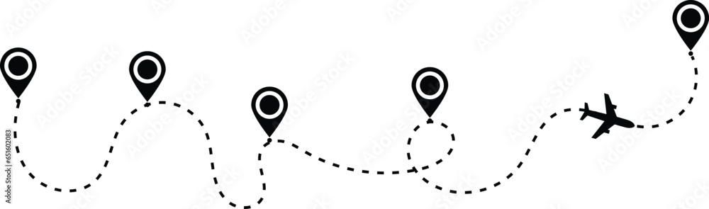 Airplane path in a dotted line shape. Airplane line routes set. Moving ...