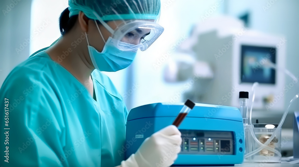 doctor with a sample for DNA analysis in the laboratory's automatic ...