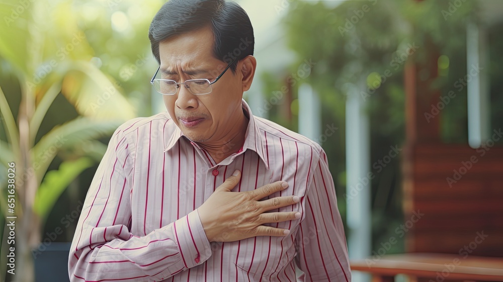 hand hold chest with heart attack symptoms, man working hard have chest ...