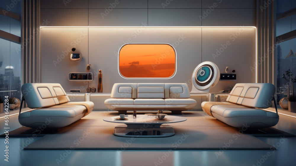 Tech-Savvy Lounge A futuristic living room with smart home gadgets ...