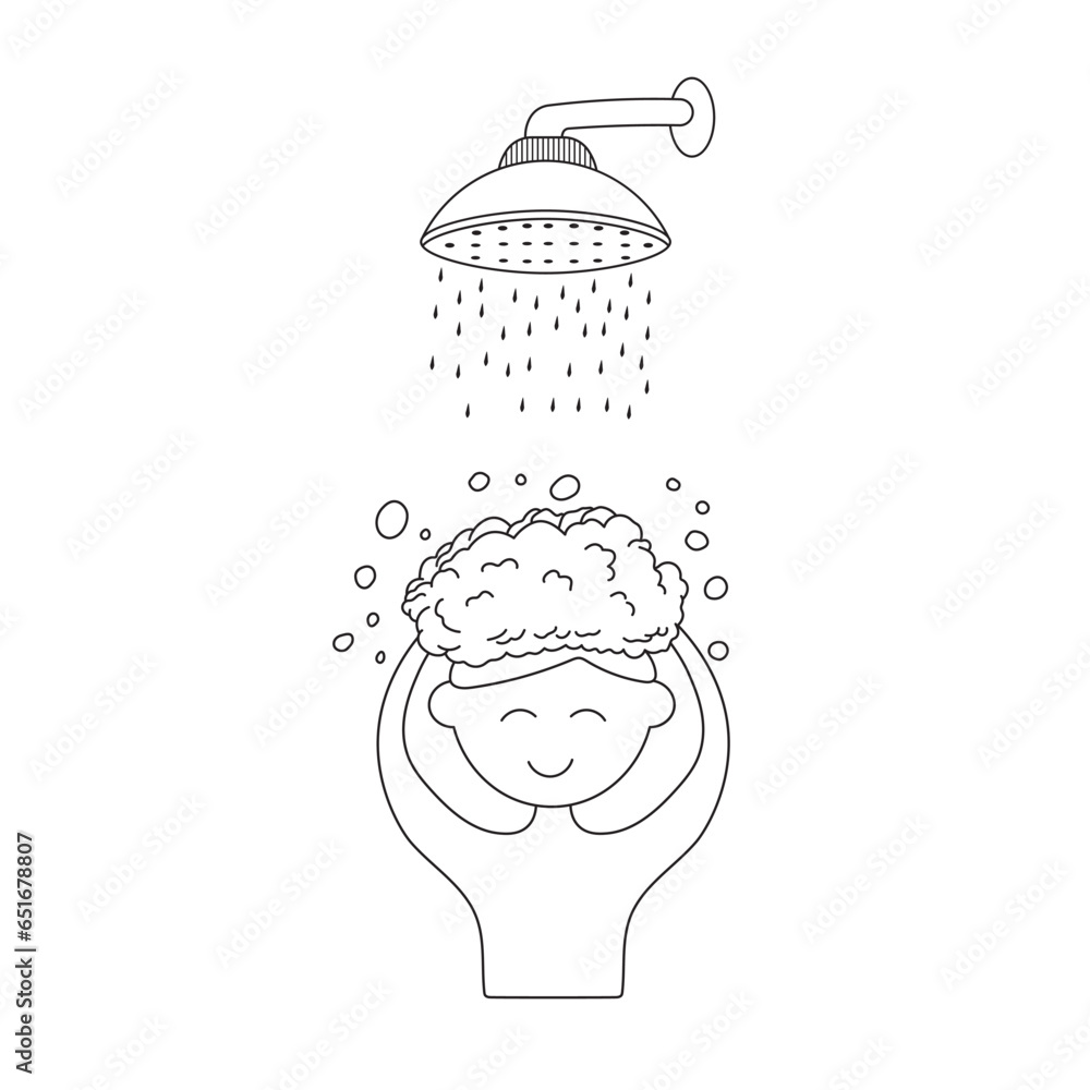 Hand drawn Cartoon Vector illustration boy washing his hair icon in ...