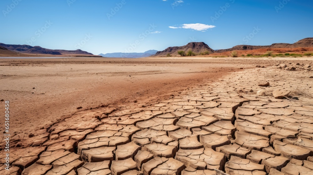 Dried desert landscape with cracked earth, barren terrain, and withered ...