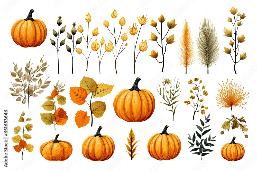 Watercolor Fall Decor Clip Art: Pumpkins, Maple Leaves, Flowers, Flora ...