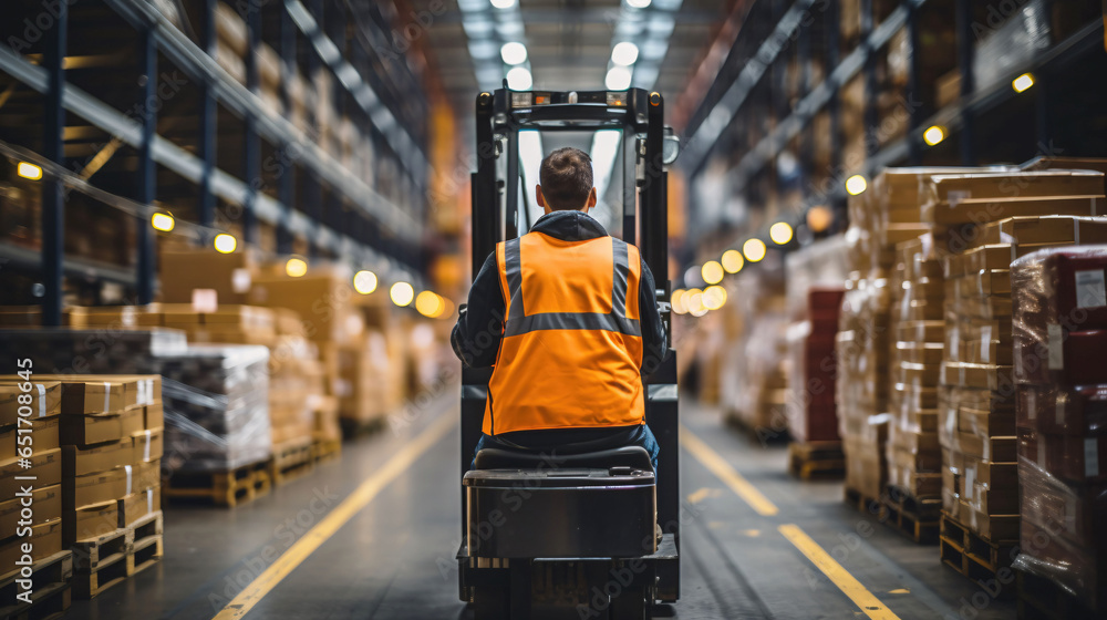 Foto de Stock A warehouse operator driving a forklift truck. Generative ...