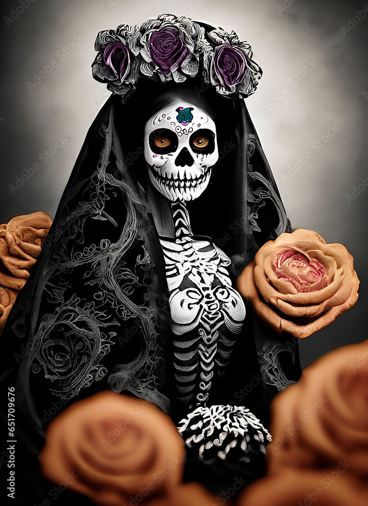 Black and White Day of the Dead Catrina Illustration Monochrome Catrina ...