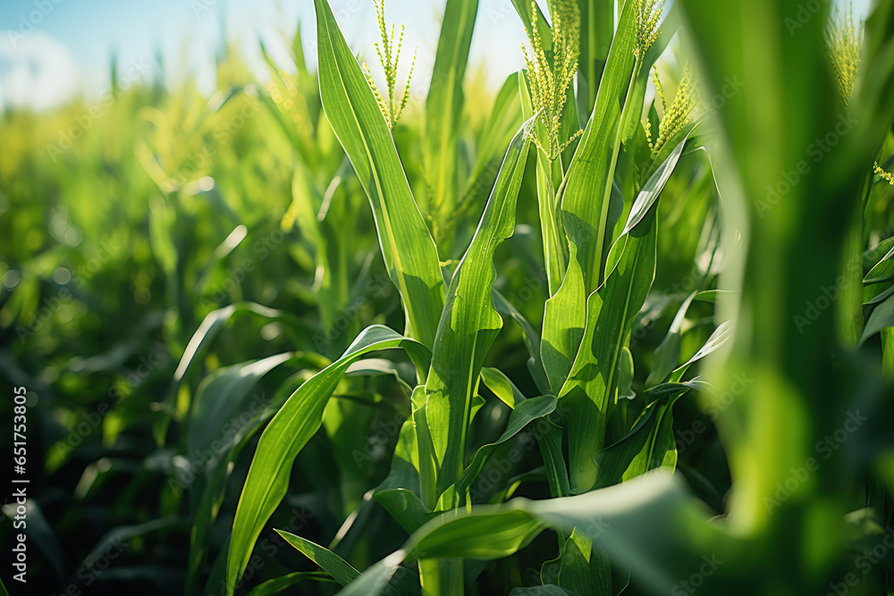 This close-up captures vibrant green biofuel crops like corn or ...