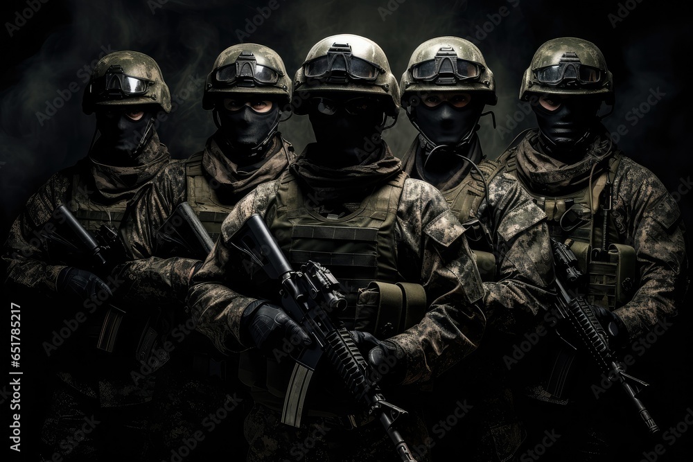 Group of special forces soldiers in full gear, Studio shot on dark ...