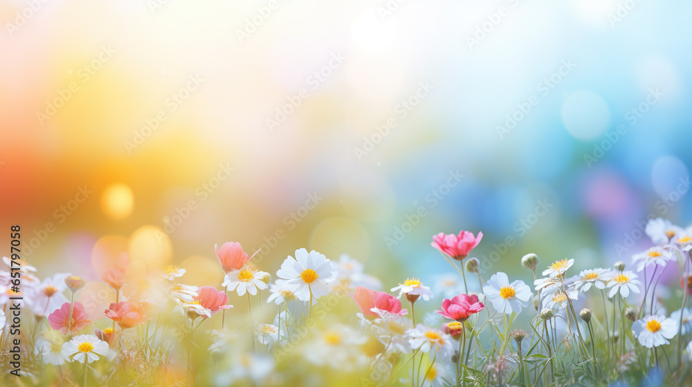 Colorful flower meadow with sunbeams and bokeh lights in summer - nature background banner with ...
