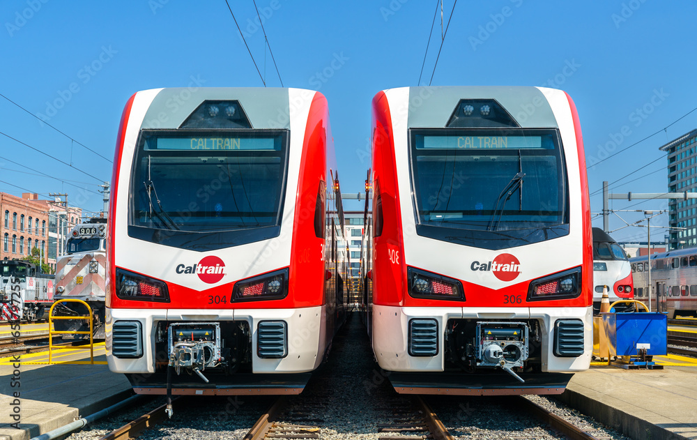 New Stadler electric trains at San Francisco 4th Street Station for the Caltrain Electrification ...