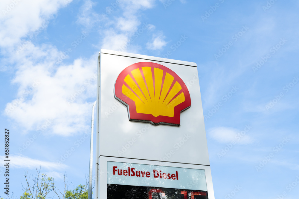 Shell logo sign outside a petrol station. Logotype at fuel filling gas ...