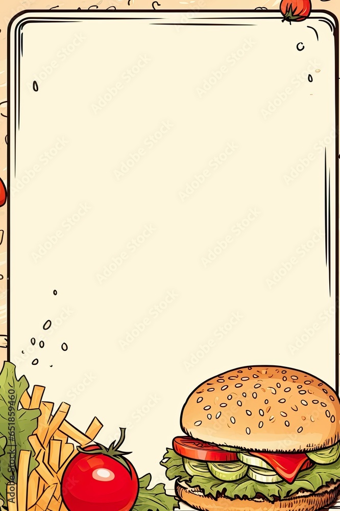 Burger and fries frame (vertical view) on light beige background, hand ...