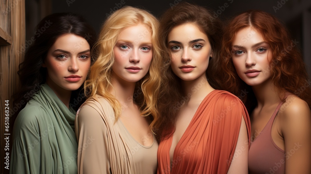 Female models of different skin colors and nationalities pose together ...