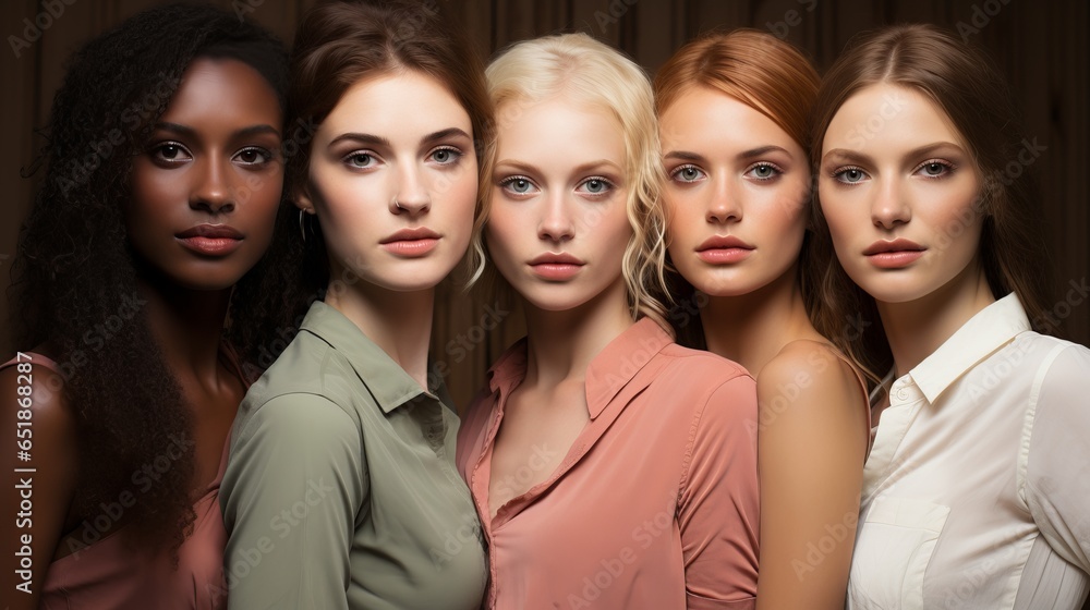 Female models of different skin colors and nationalities pose together ...