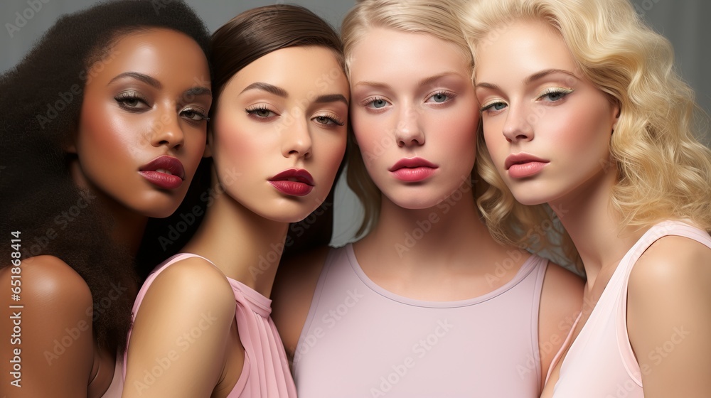 Female models of different skin colors and nationalities pose together ...