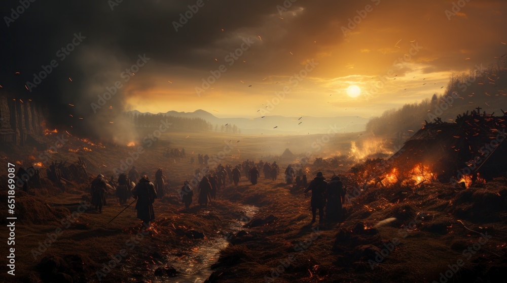 A cinematic medieval battle scene with dramatic clouds and lighting ...