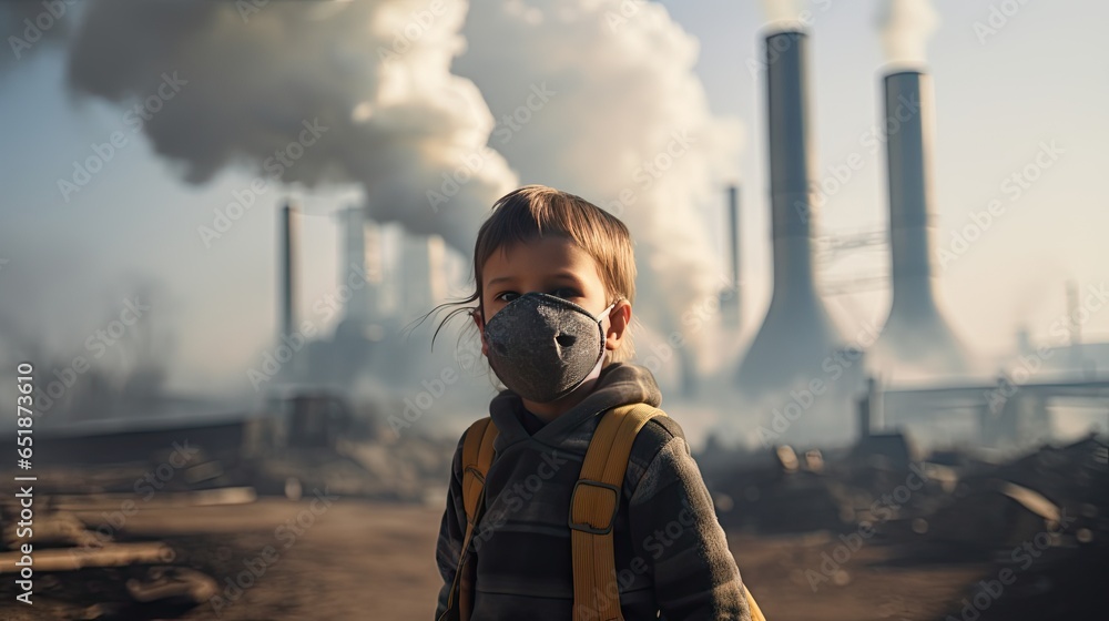 Children wearing masks to prevent air pollution Behind is the factory smokestack. Stock Photo ...