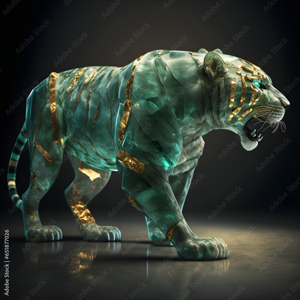giant ice age sabertooth tiger made of polished jade with gold accents photo realistic highly ...
