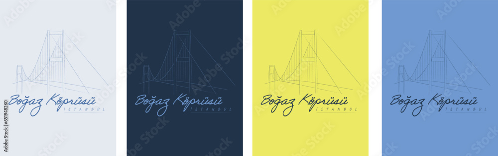 Istanbul and the Bosphorus Bridge line illustration vector, 4 different ...