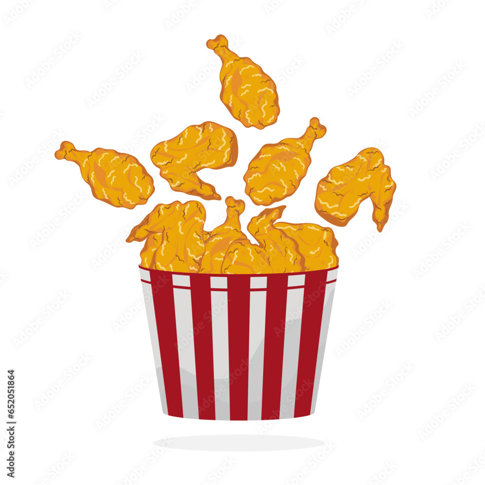 Cartoon set of crispy fried chicken splashing out of the bucket side ...