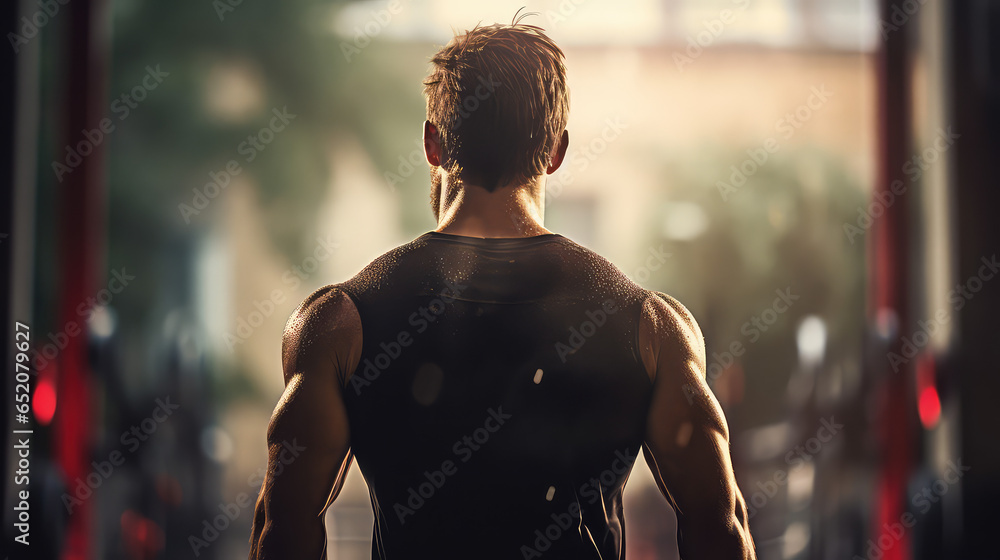 View from behind, young Fitness man, workout. Back view of a muscular ...