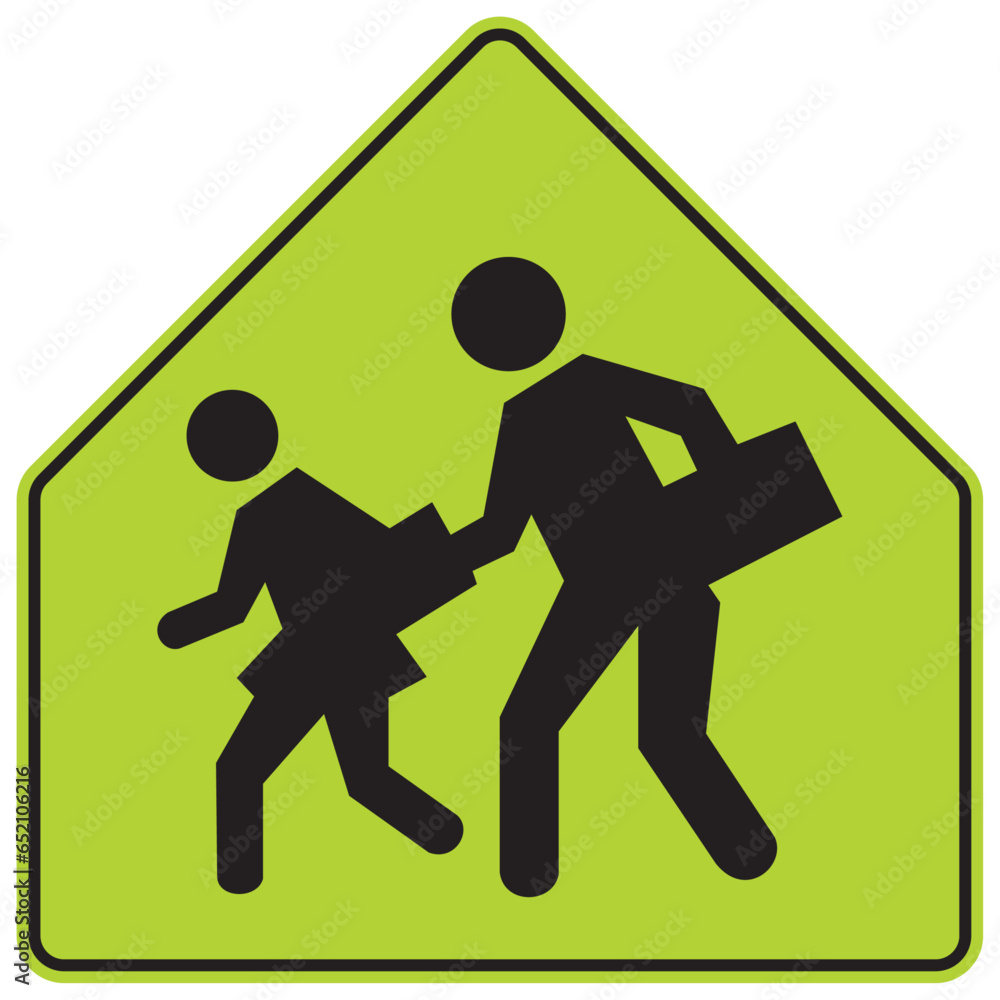 zona escolar, icono, vector, símbolo, silueta, ilustración, señal de prevención, señal color ...