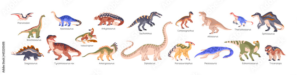 Dinosaurs set. Tyrannosaurus, triceratops, stegosaurus, spinosaurus ...